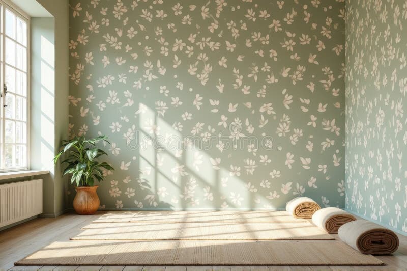 Sunlit Yoga Room with Floral Wallpaper and Rolled Mats in Tranquil ...