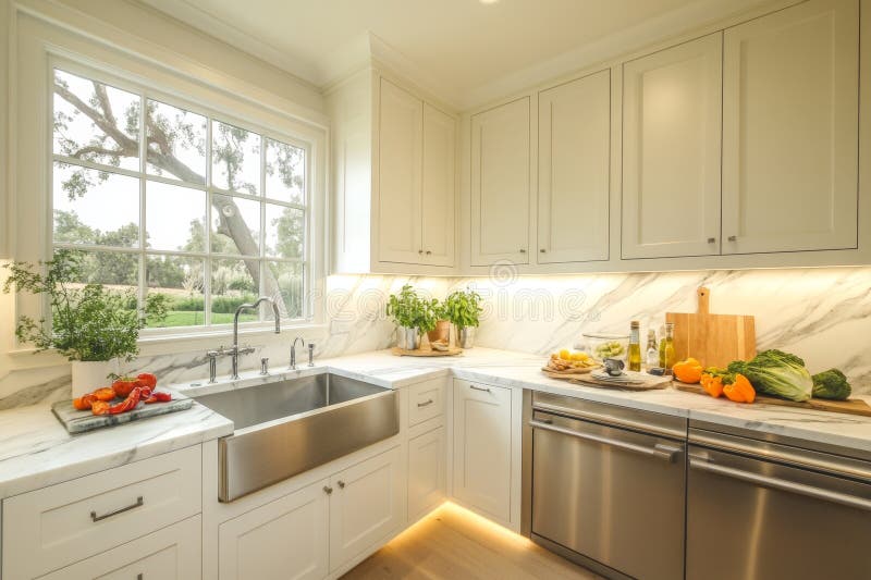A Sunny and Airy Kitchen Equipped with White Cabinets, a Marble Counter ...