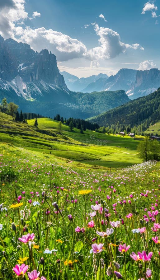 Sunny Alpine Landscape Idyllic Mountain Scenery with Blooming Meadows ...