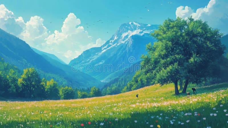Sunny Alpine Meadow Landscape with Green Trees Stock Illustration ...