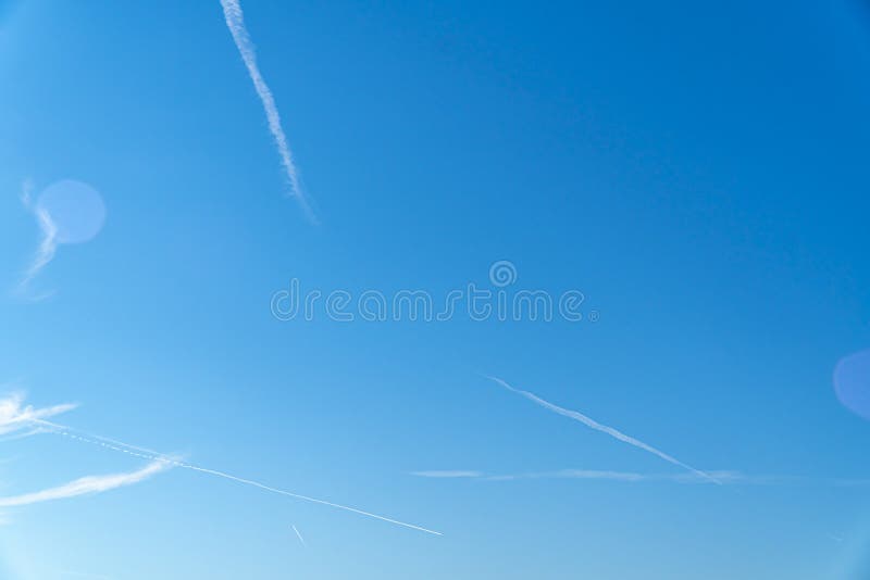 Sunny Autumn Sky Traces of Airplanes Vibrant Stock Image - Image of ...