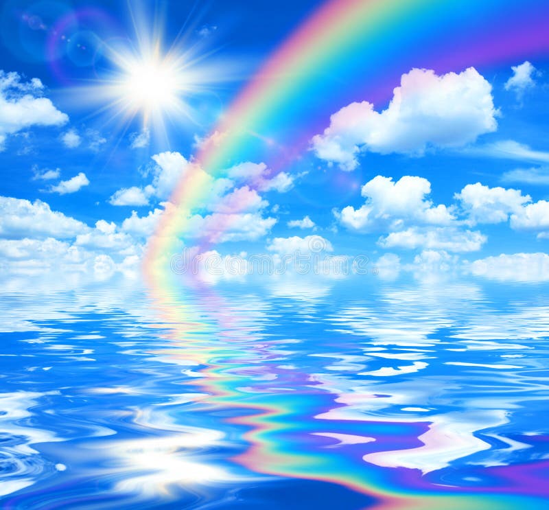 Sunny Background, Blue Sky with Rainbow, Sun and Clouds Stock ...