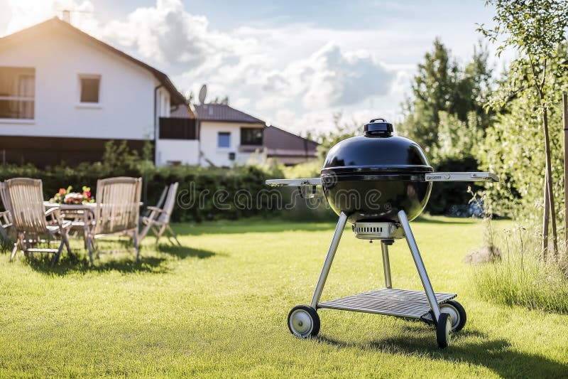 Sunny Backyard Barbecue with Modern Grill in Lush Garden Setting Stock ...
