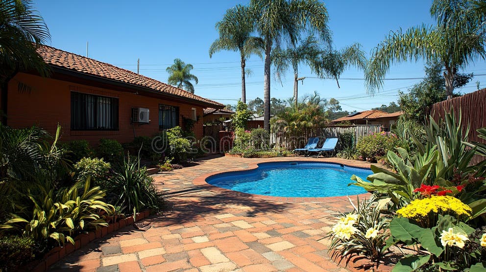 Sunny Backyard Oasis with Pool and Tropical Landscaping Stock ...