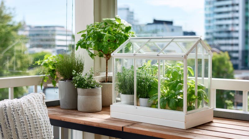 Sunny Balcony with Mini Greenhouse and Lush Herb Plants in Urban ...