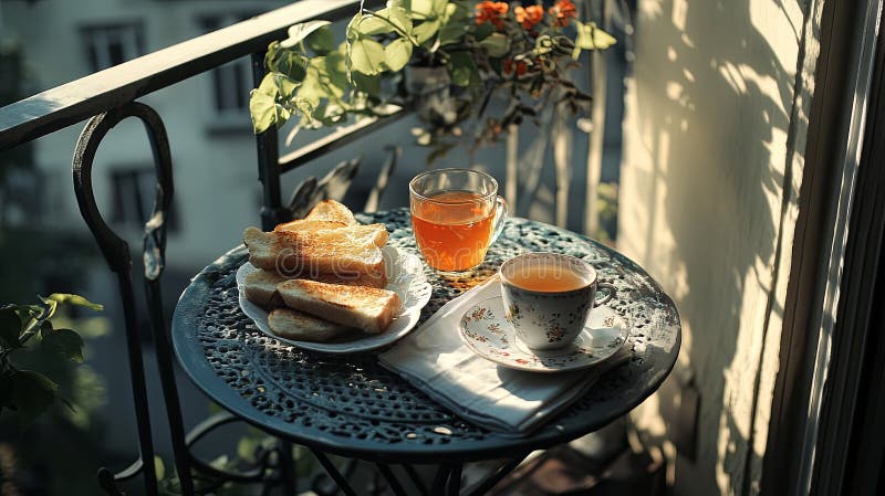 Sunny Balcony with Toast and Tea in the Morning. Stock Photo - Image of ...