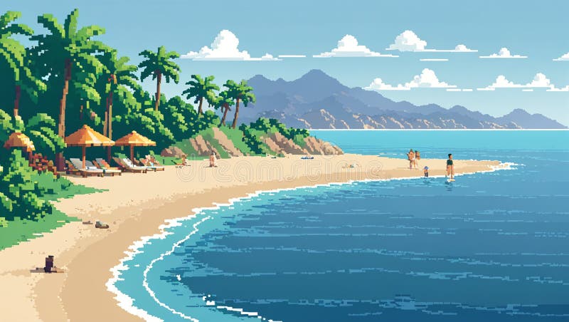 Sunny Beach Day Pixelated Paradise Stock Illustration - Illustration of ...