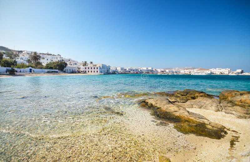 Sunny Beach in Mykonos Island, Greece. Stock Photo - Image of house ...