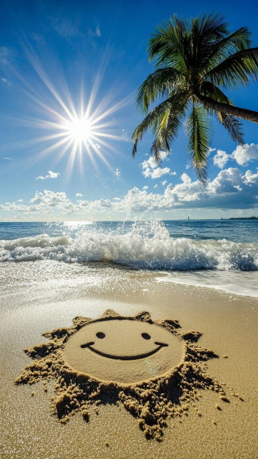 Sunny Beach with Palm Tree and Smiley Face in Sand Stock Photo - Image ...