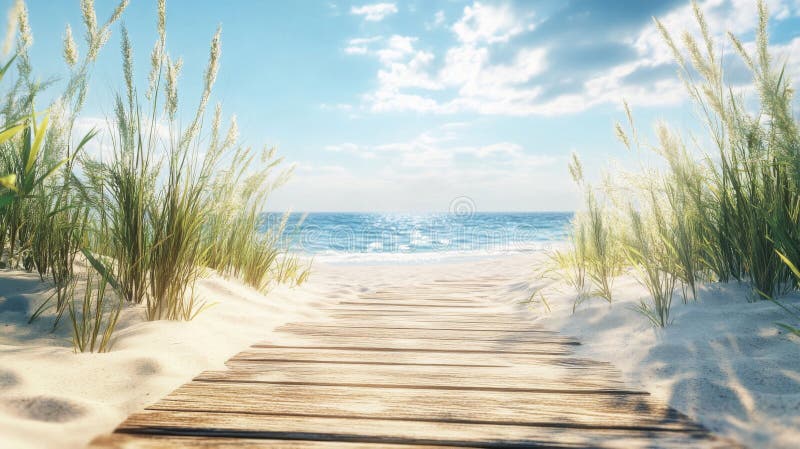 Sunny Beach Path with Lush Grass and Blue Ocean Stock Illustration ...