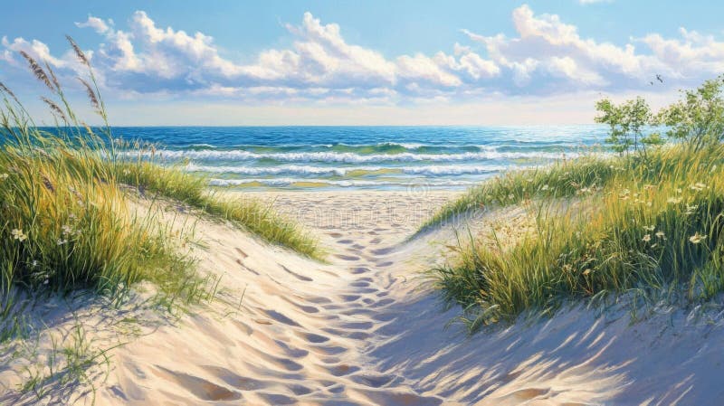 Sunny Beach Path through Sand Dunes Stock Illustration - Illustration ...