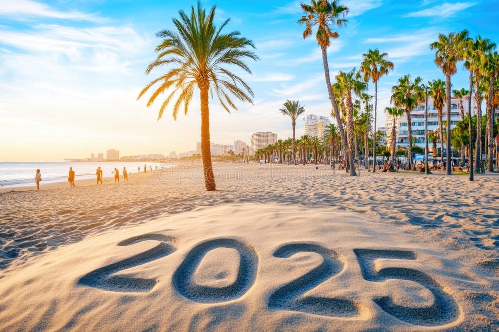 Sunny Beach with 2025 Sand Writing and Palm Trees at Sunset Stock Image ...