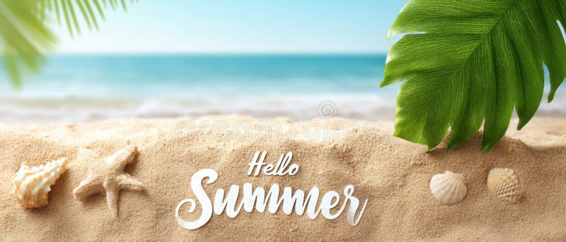 A Sunny Beach Scene Featuring a Palm Tree and a Cheerful Hello Summer ...