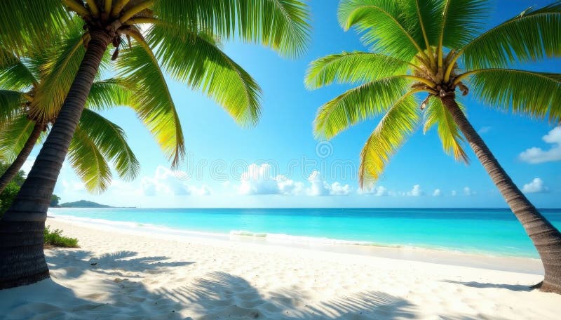 Sunny Beach Scene Framed by Lush Coconut Palms , Ocean View, Tropical ...