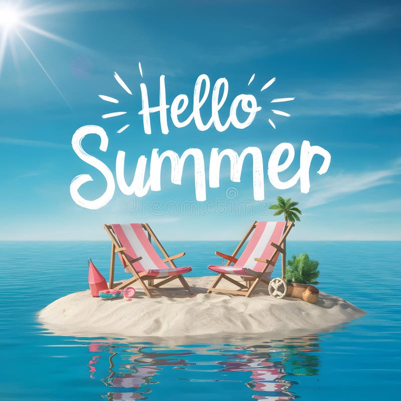Sunny Beach Scene with a HELLO Summer Message and Beach Essentials ...