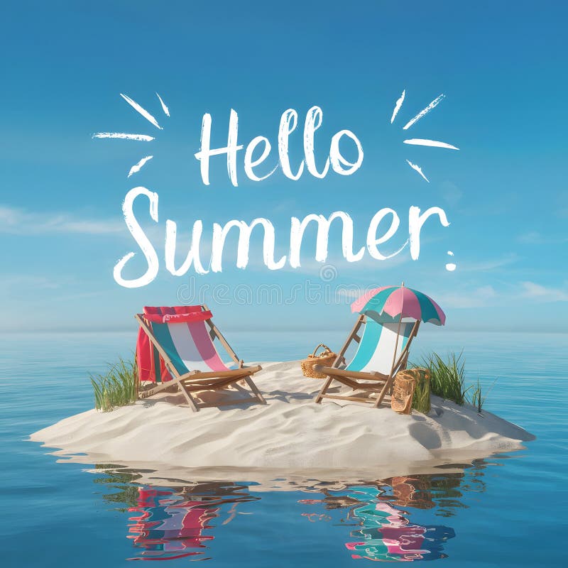 Sunny Beach Scene with a HELLO Summer Message and Beach Essentials ...