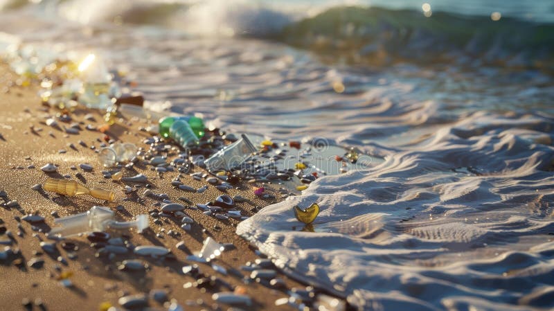 A Sunny Beach Scene Highlighting the Impact of Plastic Pollution on ...