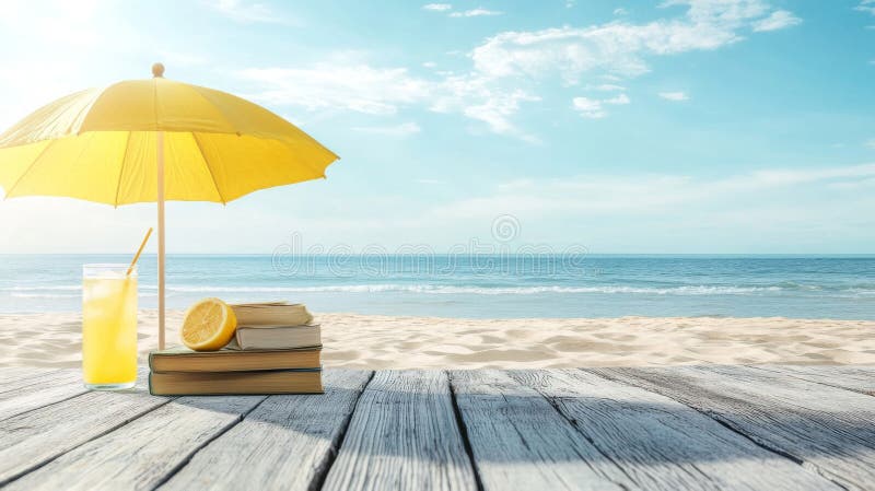 Sunny Beach Scene with Yellow Umbrella and Refreshing Drink Stock ...