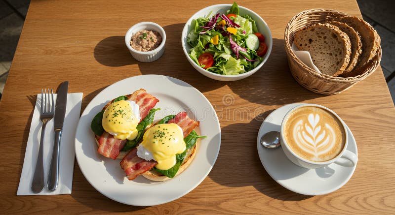 Sunny Brunch: Eggs Benedict, Bacon, Salad & Latte - Perfect Weekend ...