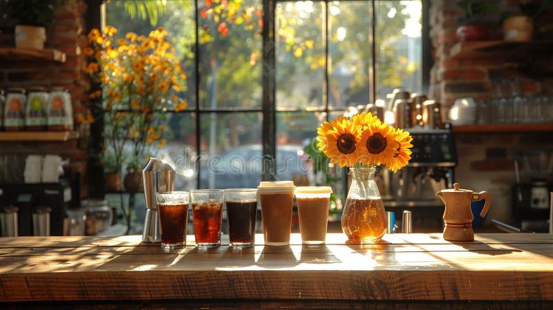 Sunny Cafe Interior with Coffee and Sunflowers on Table Stock ...