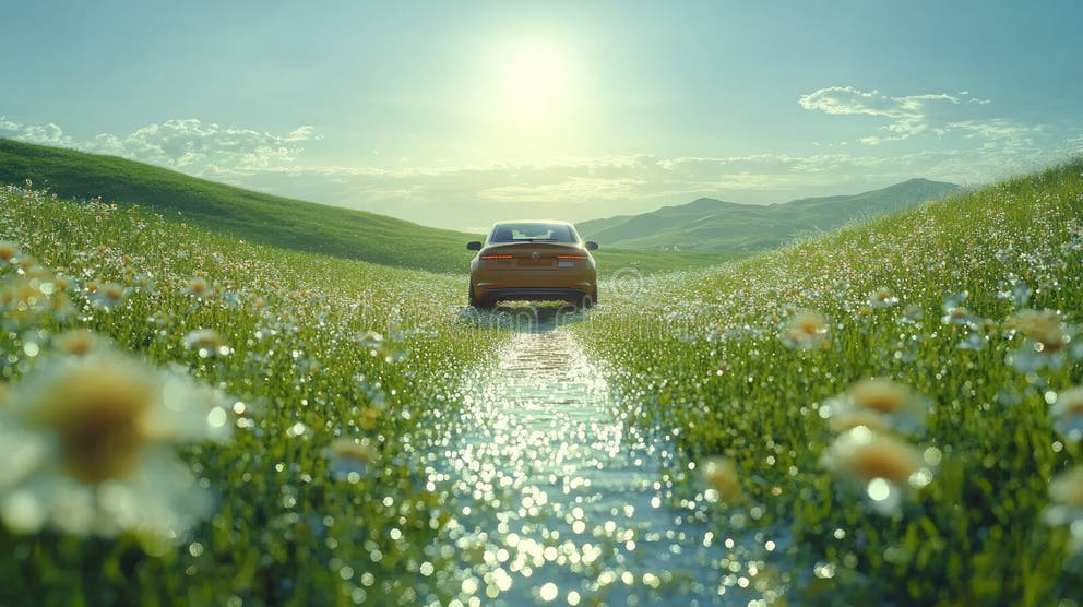 Sunny Car Path through a Field of Wildflowers Stock Illustration ...