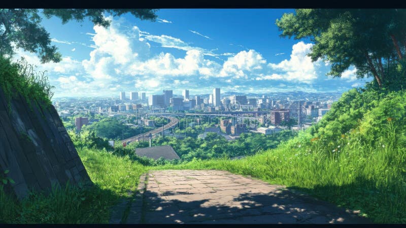 Sunny Cityscape View from a Hilltop Path Stock Illustration ...