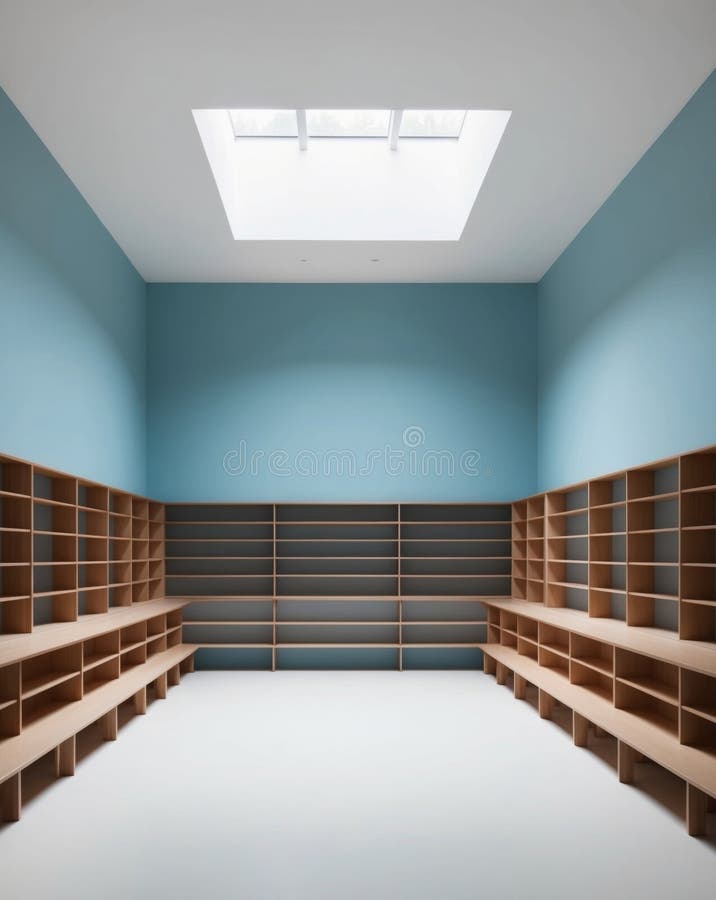 Sunny Classroom with Blue Wall and Wooden Shelves. Stock Photo - Image ...