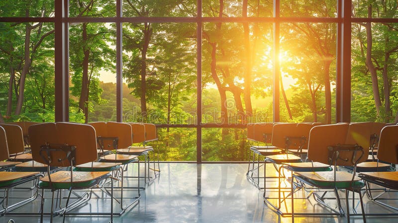 Sunny Classroom with a View of a Forest Stock Illustration ...