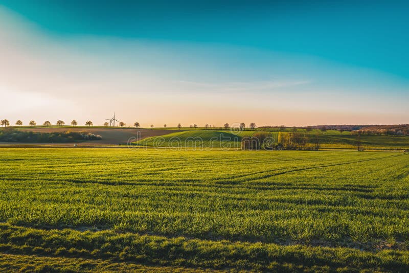 A Sunny Colorful Evening Landscape with Meadows and Fields Stock Photo ...