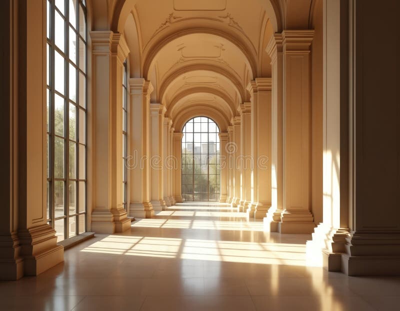 Sunny Corridor with Large Windows, Classic Columns, Arches. Interior ...