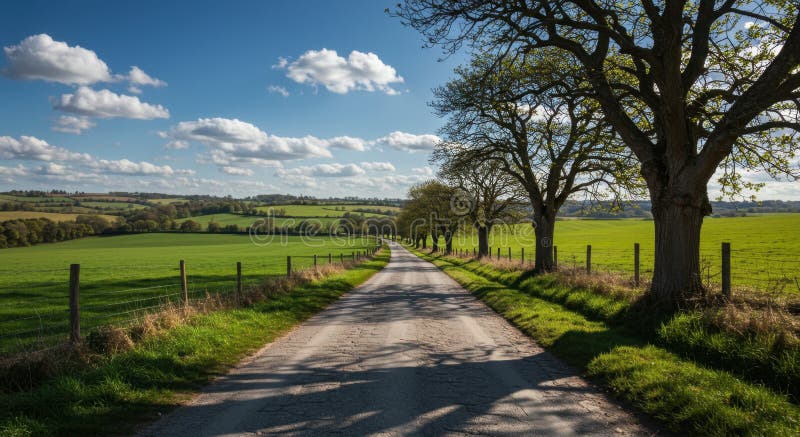 Sunny Country Road through Green Fields Stock Illustration ...