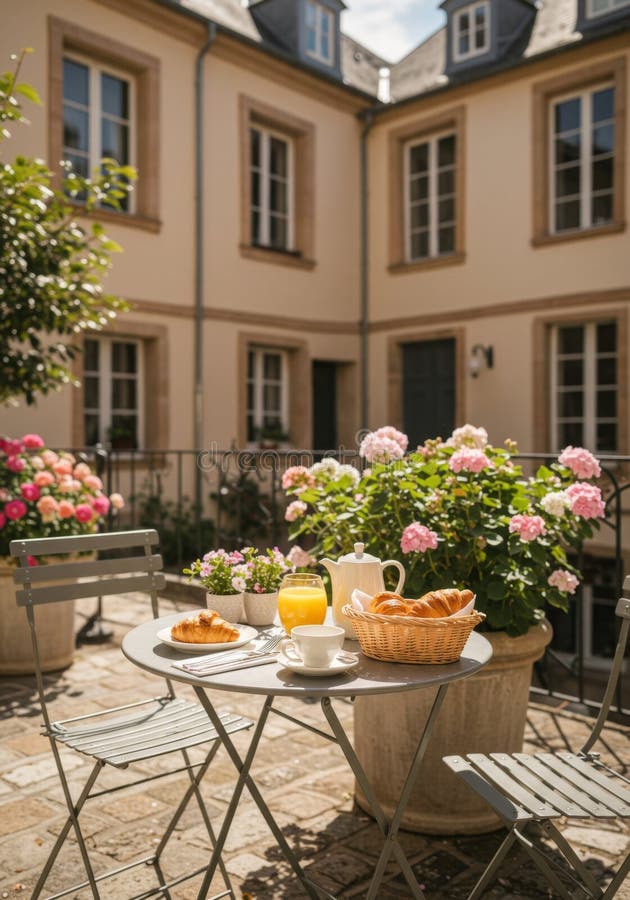 Sunny Courtyard Breakfast with Croissants and Flowers Stock ...