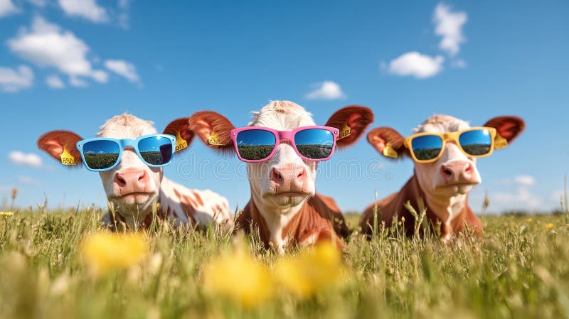 Sunny Cows Relaxing in Meadow with Shades Stock Illustration ...