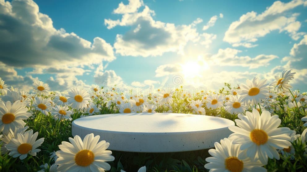 Sunny Daisy Field with Empty Stone Podium Under Blue Sky with Clouds ...