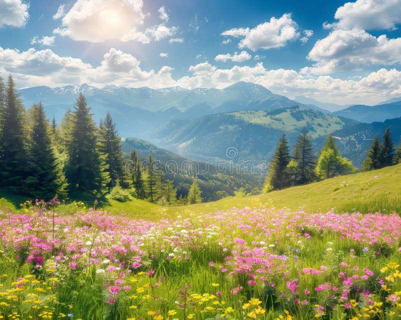 Sunny Day in the Alps Idyllic Mountain Landscape with Blooming Meadows ...