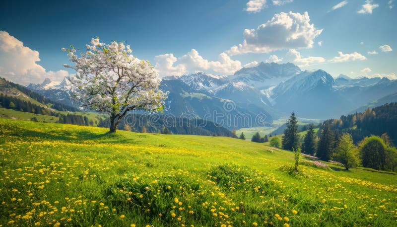 Sunny Day in the Alps Idyllic Spring Mountain Landscape with Vibrant ...
