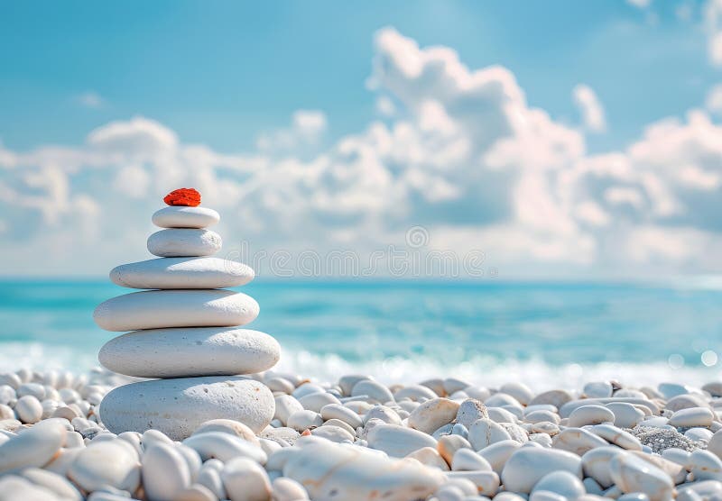 Zen Stones on Beach with Blue Sky and Sea Stock Illustration ...