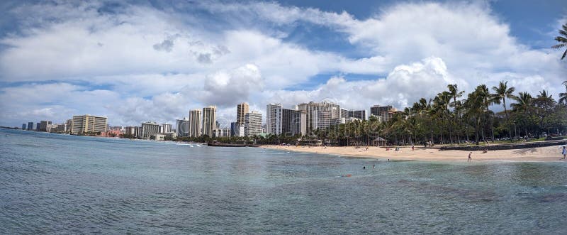 Sunny Day at a Bustling Waikiki Beach Overlooking the Pacific Ocean ...
