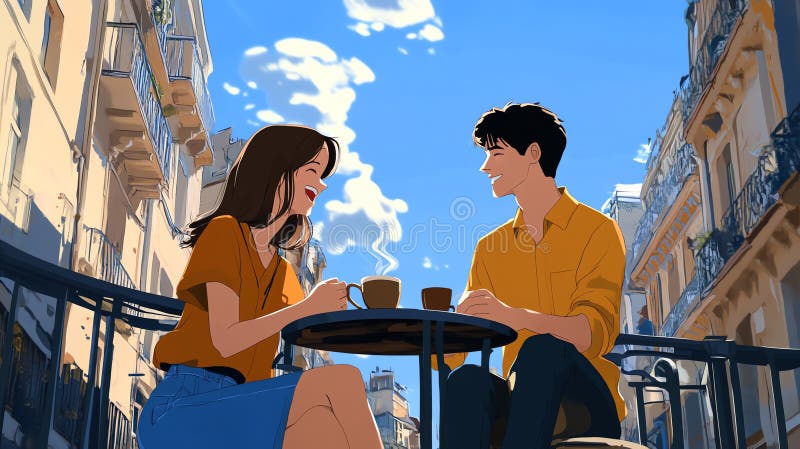 Sunny Day Cafe Illustration Couple Enjoying Coffee Stock Photos - Free ...