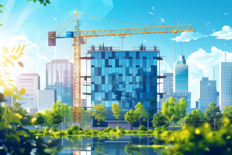 Sunny Day Construction Site with Modern Office Building, Tower Crane ...
