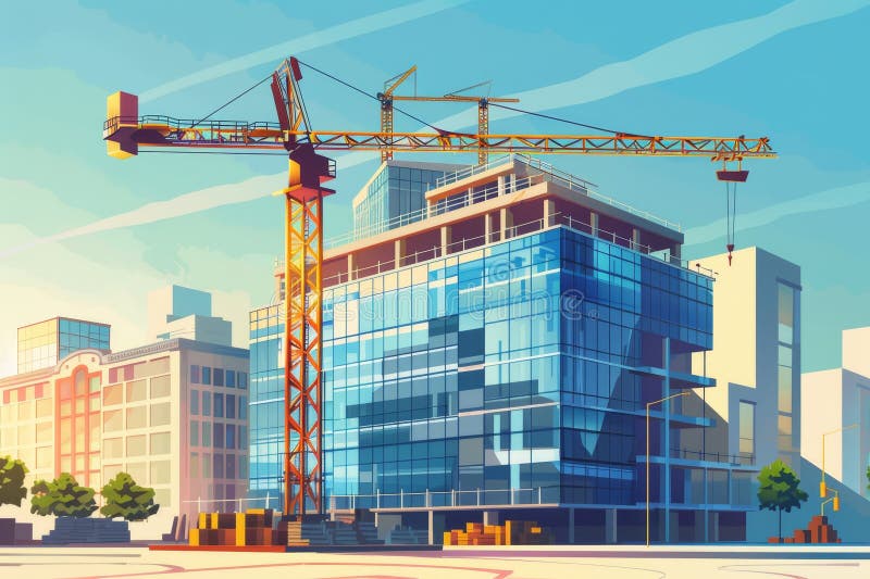 Sunny Day at Construction Site, Modern Office Building Under ...