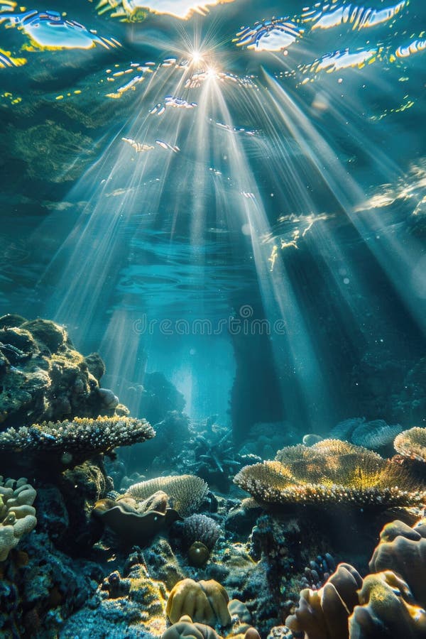 A Sunny Day at the Coral Reef with Sunlight Shining through the Water ...