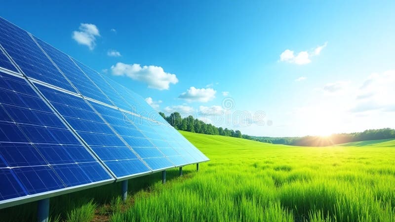 Sunny Day Lush Green Meadow Solar Panel Array Modern Stock Illustration ...