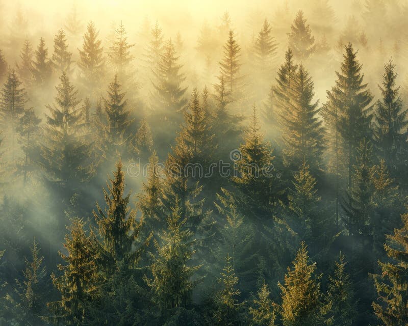 Sunny Day Panorama of Coniferous Forest with Misty Tree Tops in ...