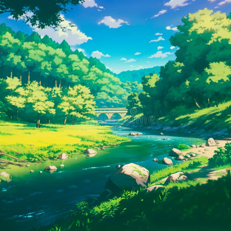 Sunny Day on the River in Anime Style Stock Illustration - Illustration ...
