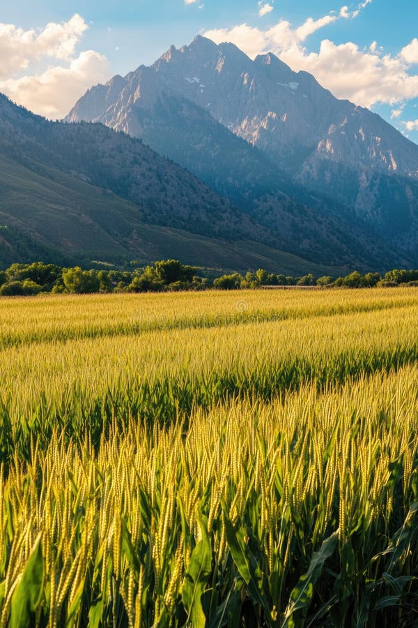 A Sunny Day Scene with a Field of Crops and Mountains in the Background ...