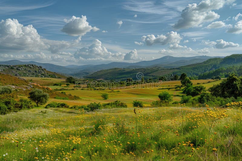 A Sunny Day Scene with a Field of Yellow Flowers and Distant Mountains ...