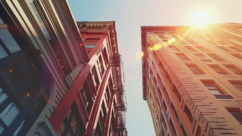 A Sunny Day Scene with Two Buildings and Light Shining through Their ...