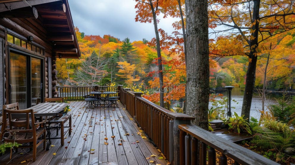 A Sunny Day Scene with a Wooden Deck, Table, and Chairs Stock Image ...