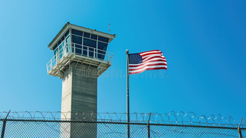 Sunny Day Sentry: US Flag on Watchtower. Stock Illustration ...